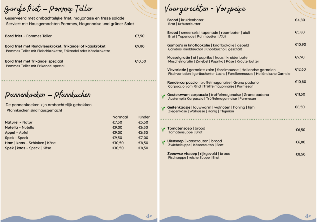 Menukaart - Strandpaviljoen de Zeeuwse Riviera