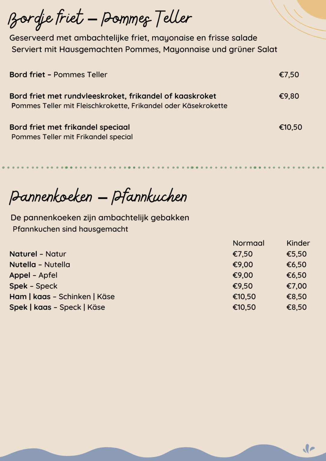 Menukaart - Strandpaviljoen de Zeeuwse Riviera